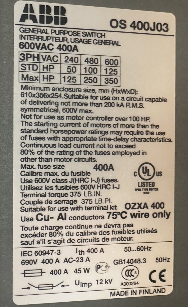 ITEM 2864: ABB OS400J03 GENERAL PURPOSE SWITCH 600VAC 400A – Cooper ...